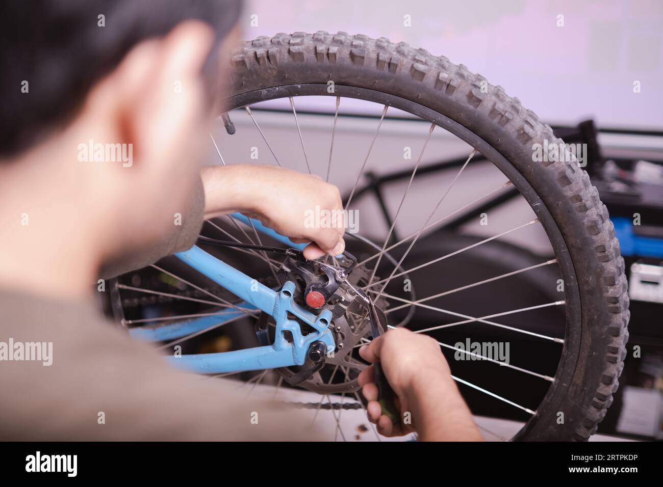 Hand installing a rear break in a blue bike from the back Stock Photo ...