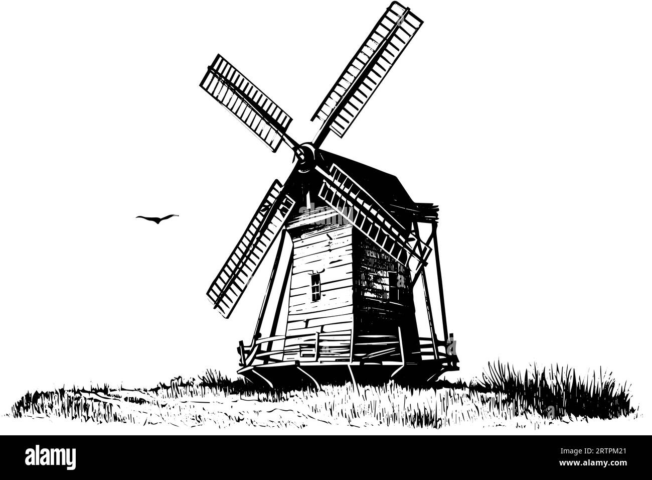 Windmil in the field hand drawn vintage sketch. Engraving style vector ...