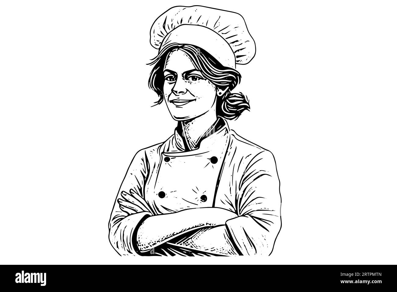 Woman chef ink sketch in engraving style. Drawing young female vector ...
