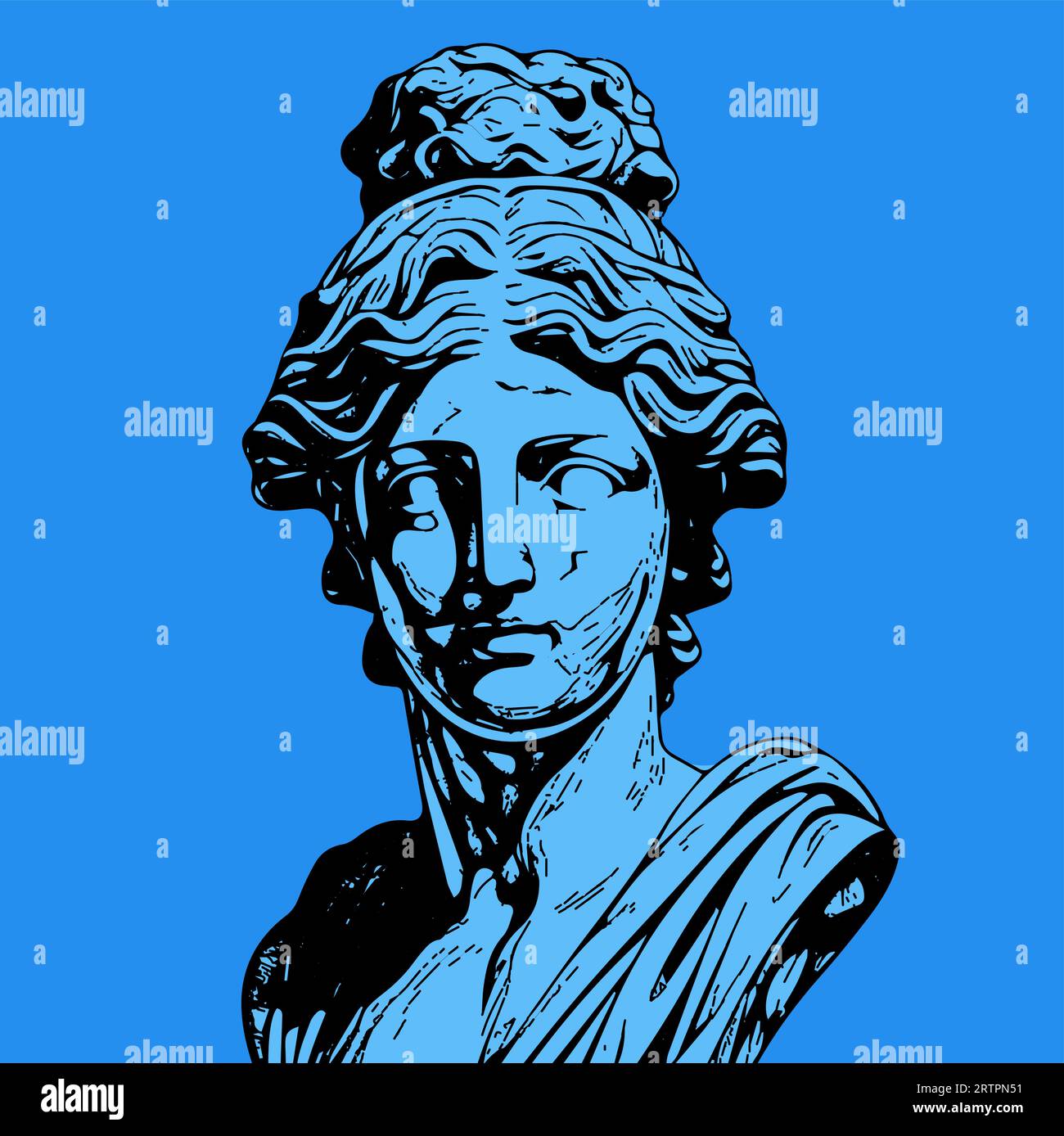 Blue antique statue head of greek sculpture sketch engraving style ...