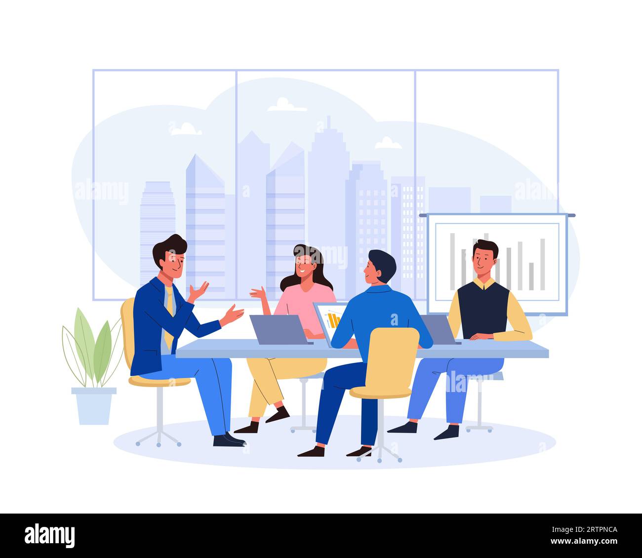 Business people sitting around table with city background. Team group ...