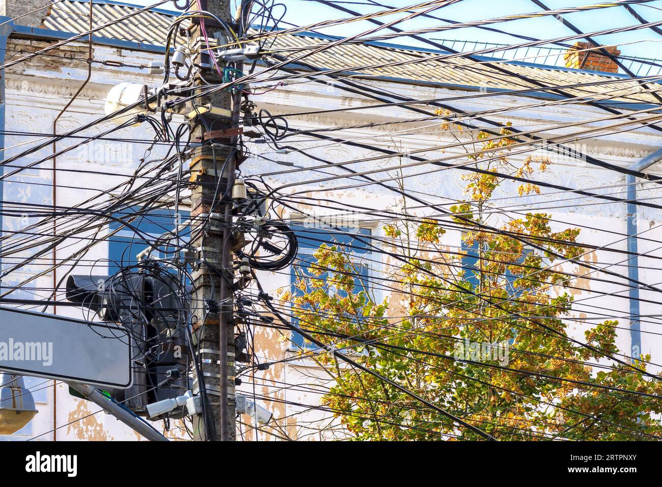 pole with wires. wires cables on Electric poles.A fiber optic cable ...