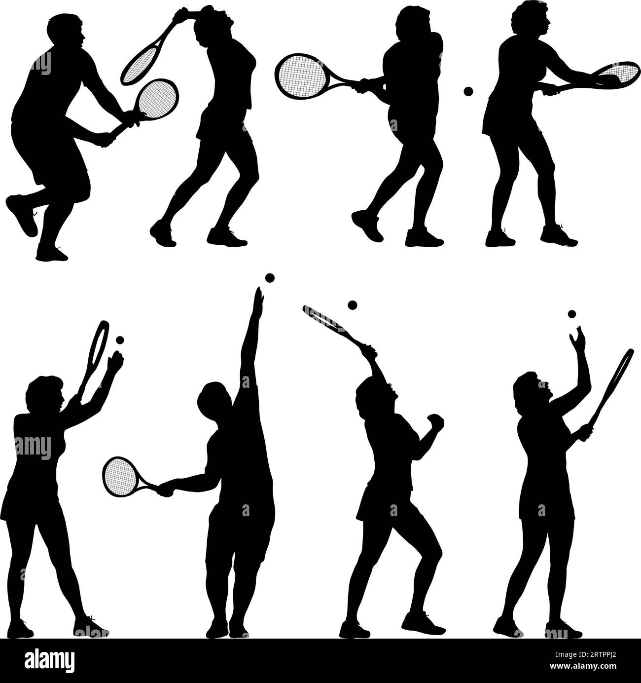 Black set silhouette of female badminton player on white background ...