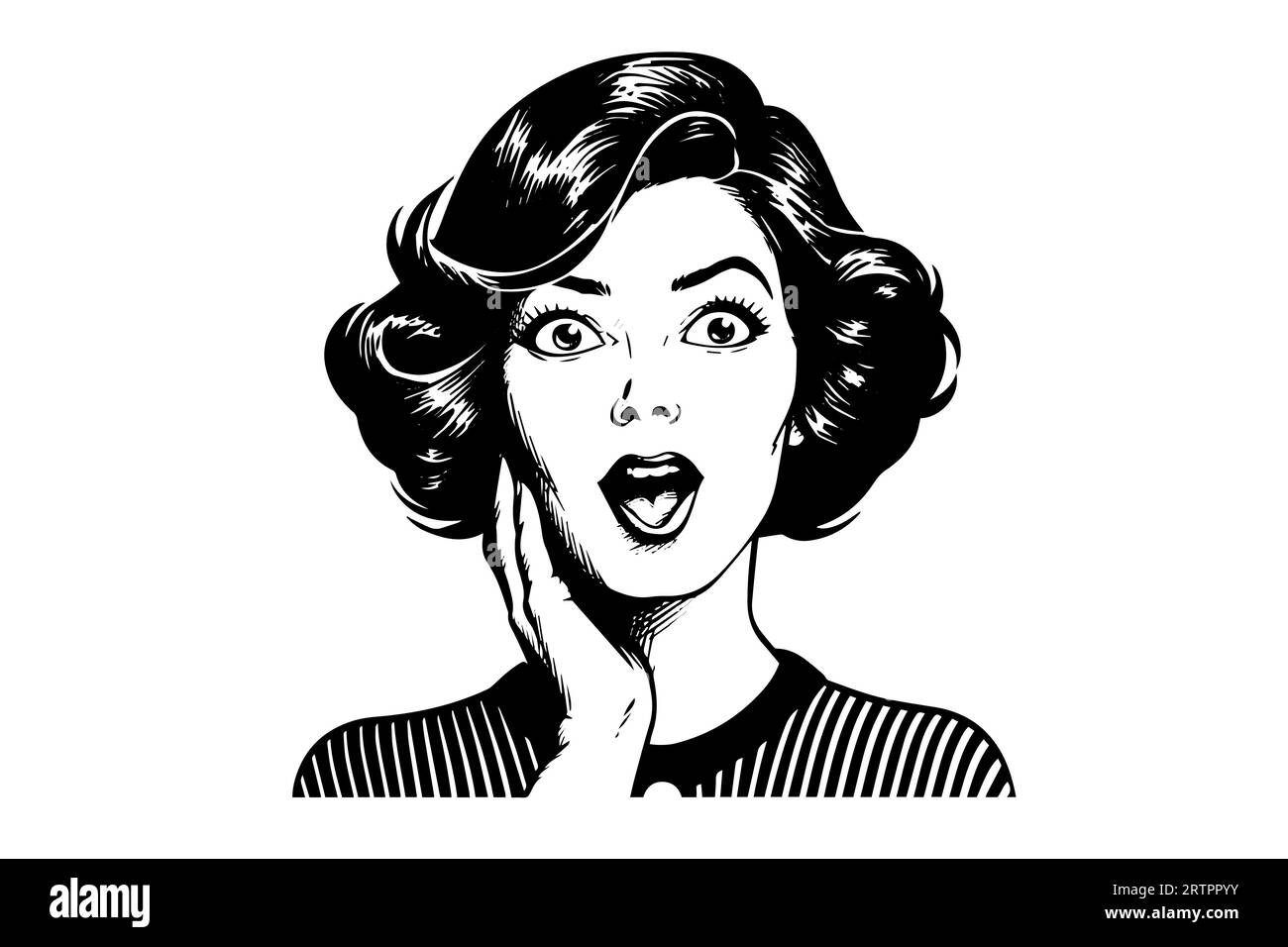 Surprised businness woman ink drawing sketch. Pop art style black and ...