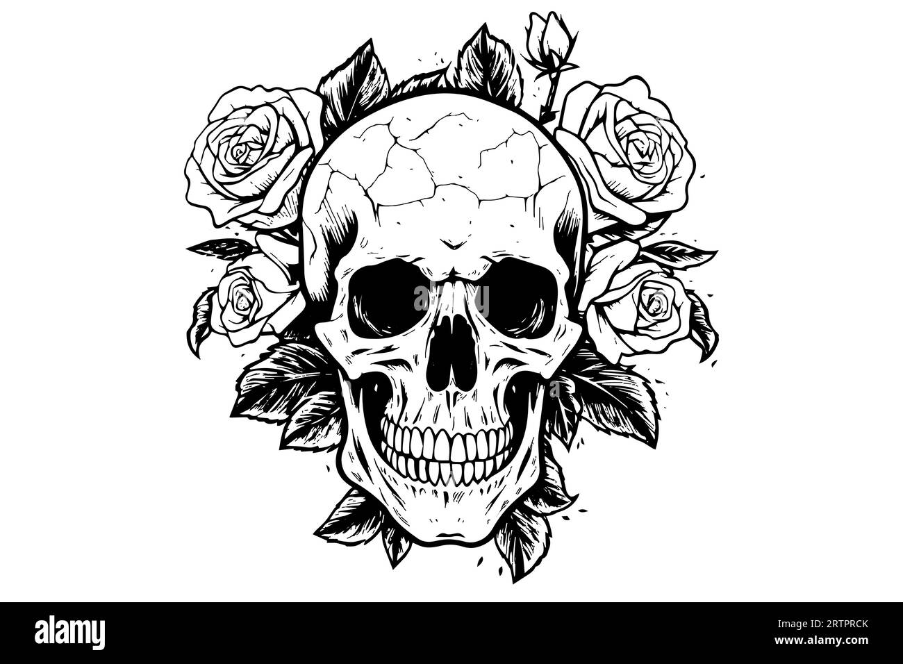 Human skull in a flower frame woodcut style. Vector engraving sketch ...
