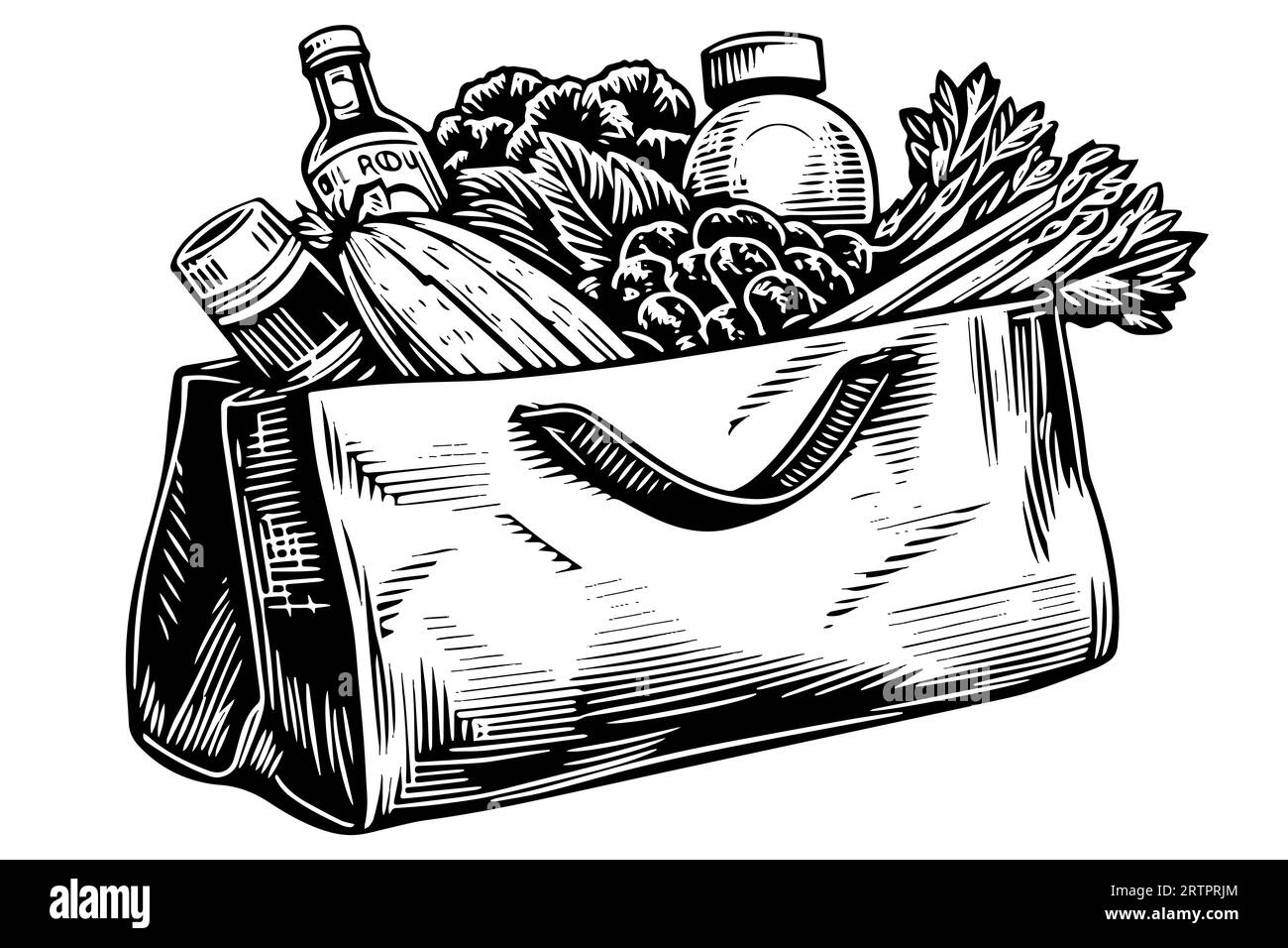 Grocery bag full of food engraving sketch vector hand-drawn ...