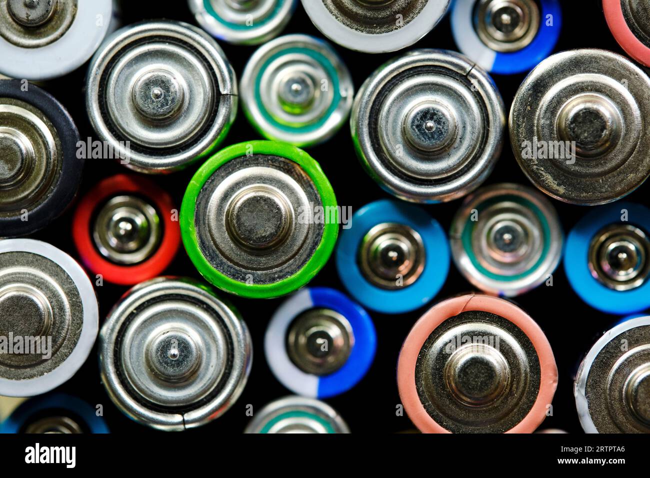 Background consists variety diverse and colorful, used batteries Stock ...