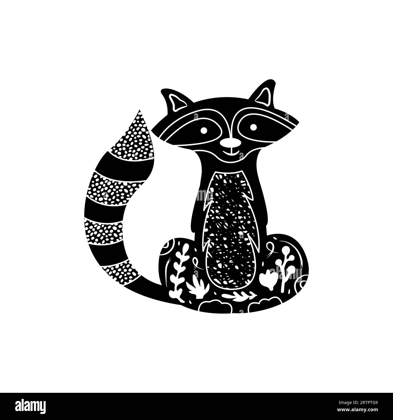 Cute cartoon raccoon with white floral elements. Forest animal vector ...