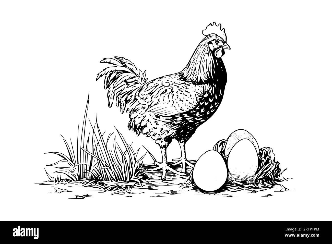 Chicken or hen is hatching eggs drawn in vintage engraving style vector ...