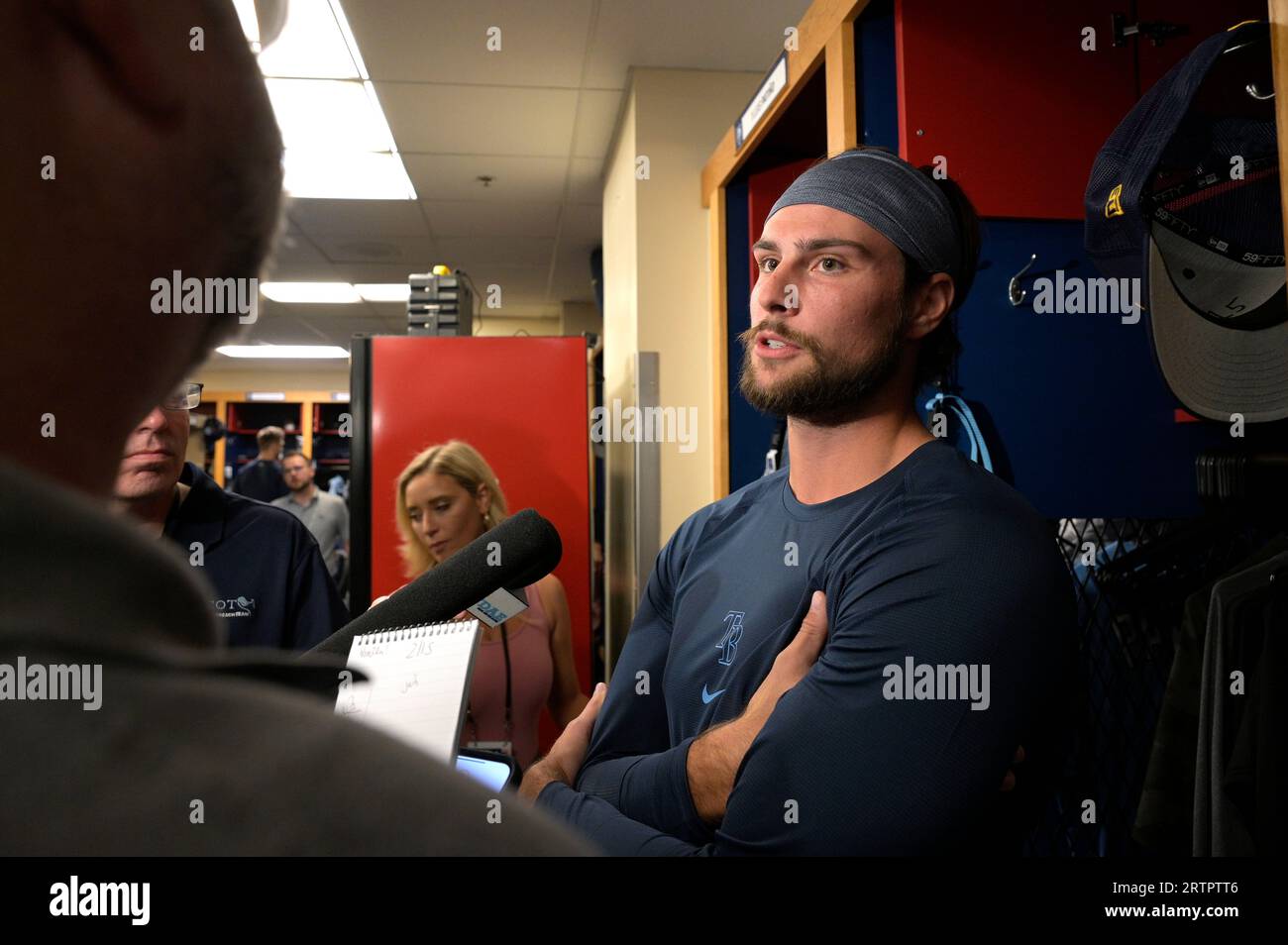 Tampa Bay Rays outfielder Josh Lowe talks with reporters before the ...