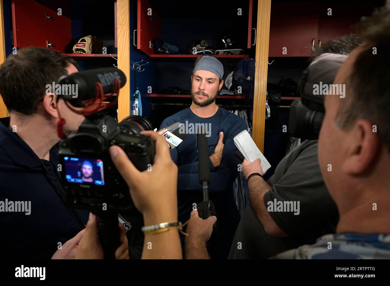 Tampa Bay Rays outfielder Josh Lowe talks with reporters before the ...