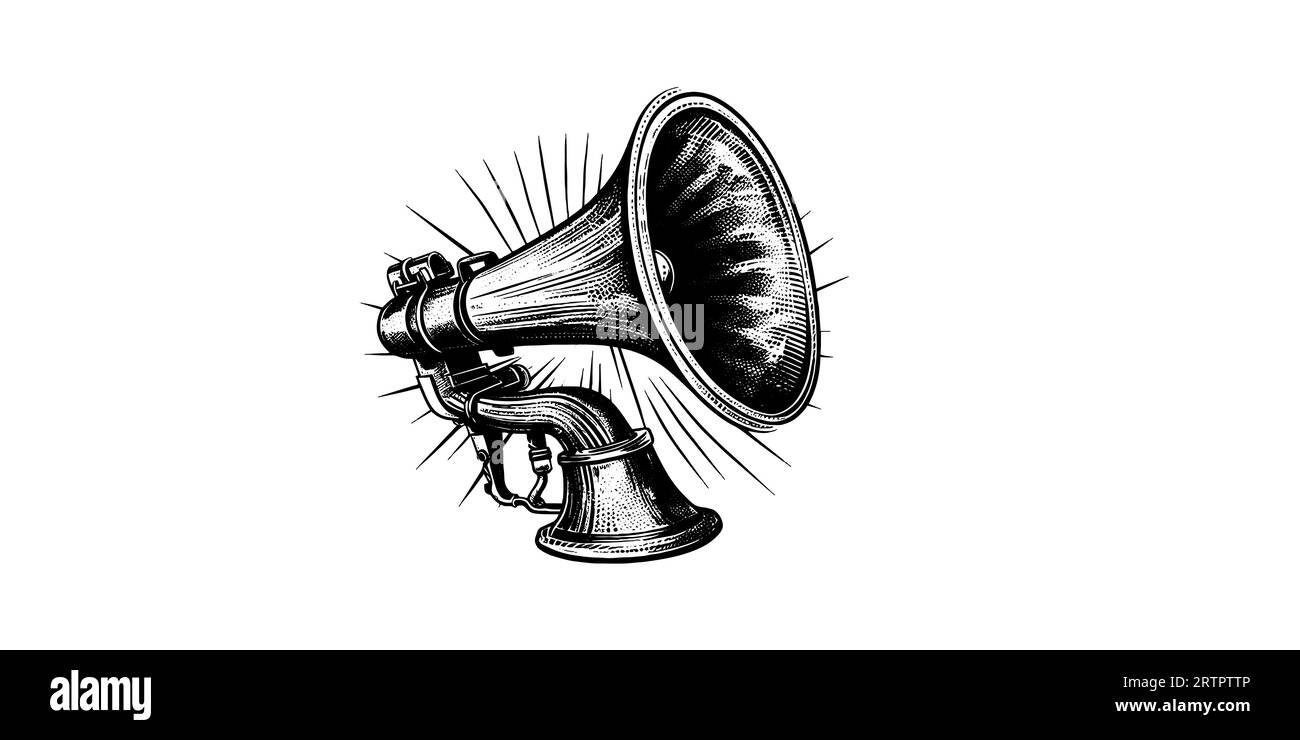 Retro hand drawn ink sketch of megaphone. Realistic loudspeaker. Vector illustration engraving ...