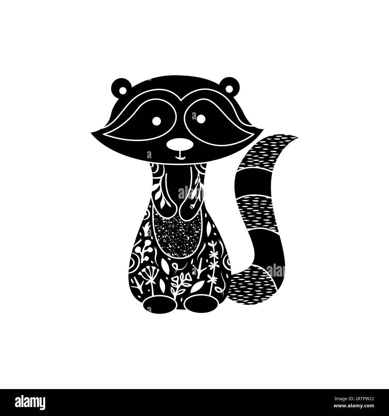 Cute cartoon raccoon with white floral elements. Forest animal vector ...