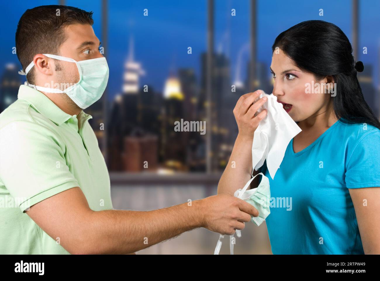 Couple with problems :woman is sick and want to sneeze in a white ...