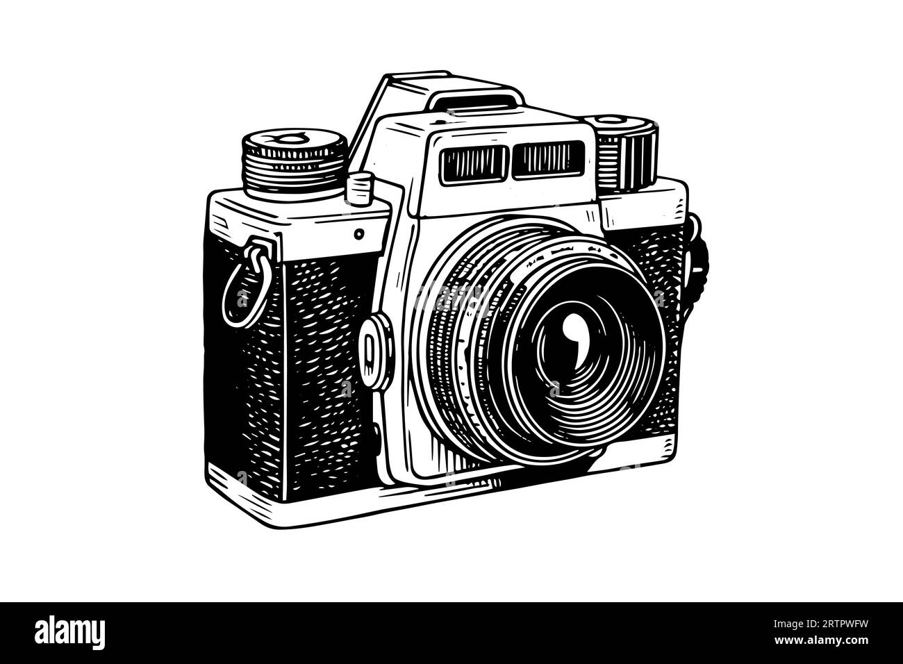 Modern photo camera in engraving style. Vector retro hand drawn ...