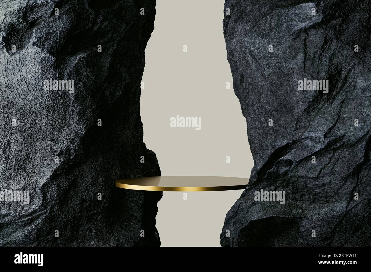 3d presentation pedestal between two rocks. 3d rendering of mockup of ...