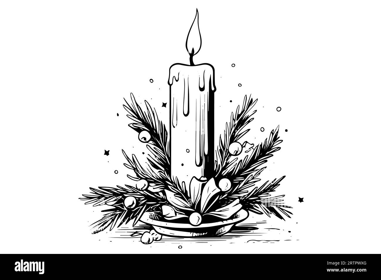 Thick christmas candles burning. Hand drawn sketch engraving style ...