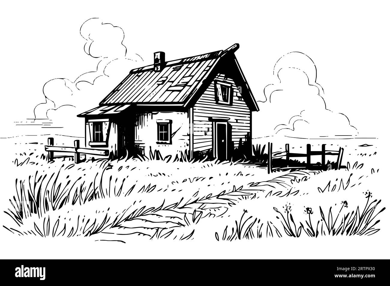 Rural landscape with a farm in engraving style. Hand drawn vector ...