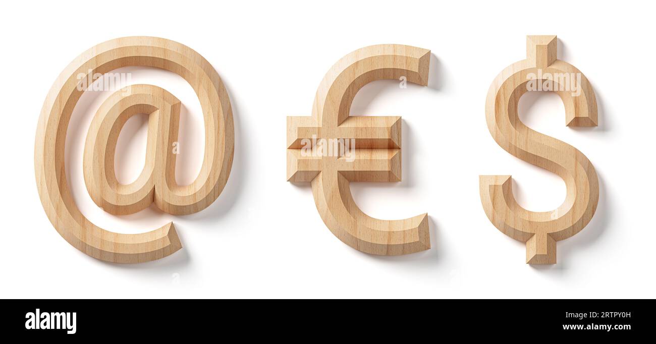 Letters and symbols made of wood. 3d illustration of wooden alphabet ...