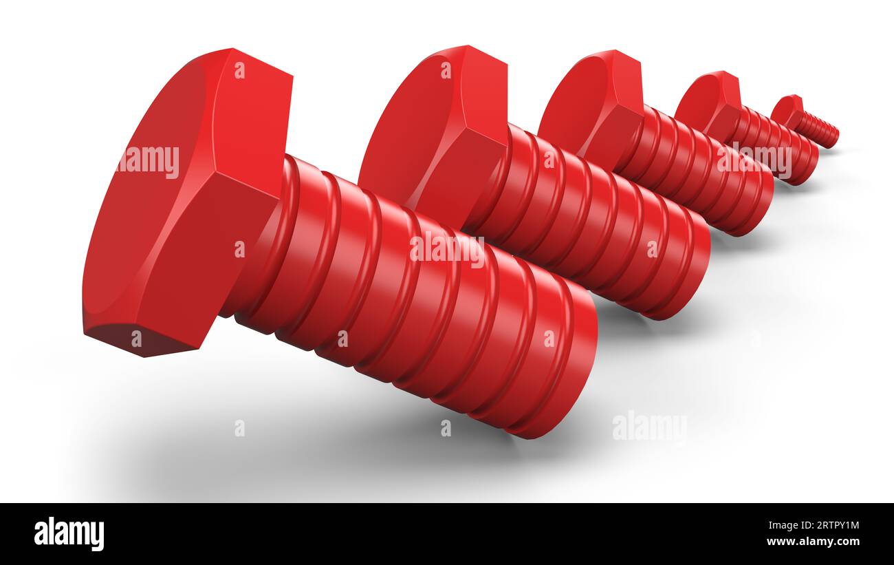 Red Bolts. Different Sizes. White background. Part design 3d render ...