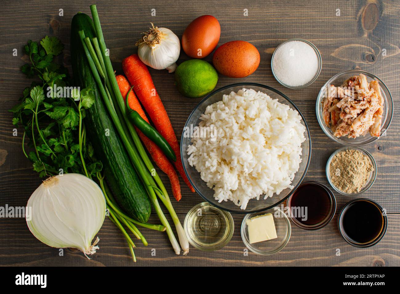 Thai Style Crab Fried Rice Ingredients on a Wooden Table: Seafood fried ...