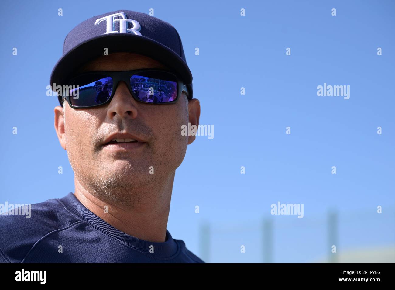 Tampa Bay Rays manager Kevin Cash talks with reporters during the first ...