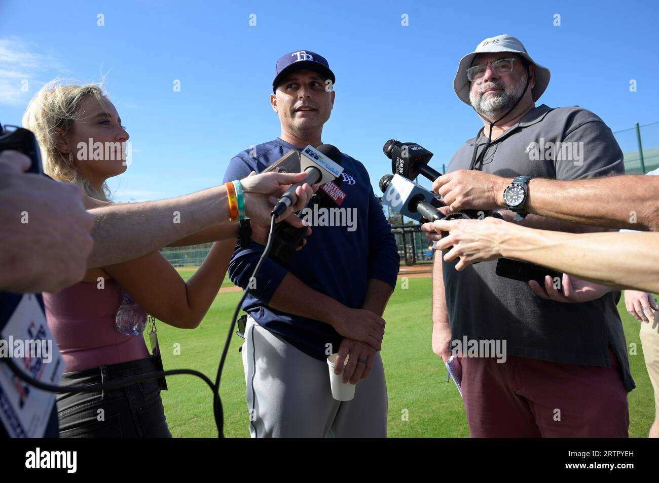 Tampa Bay Rays manager Kevin Cash talks with reporters during the first ...
