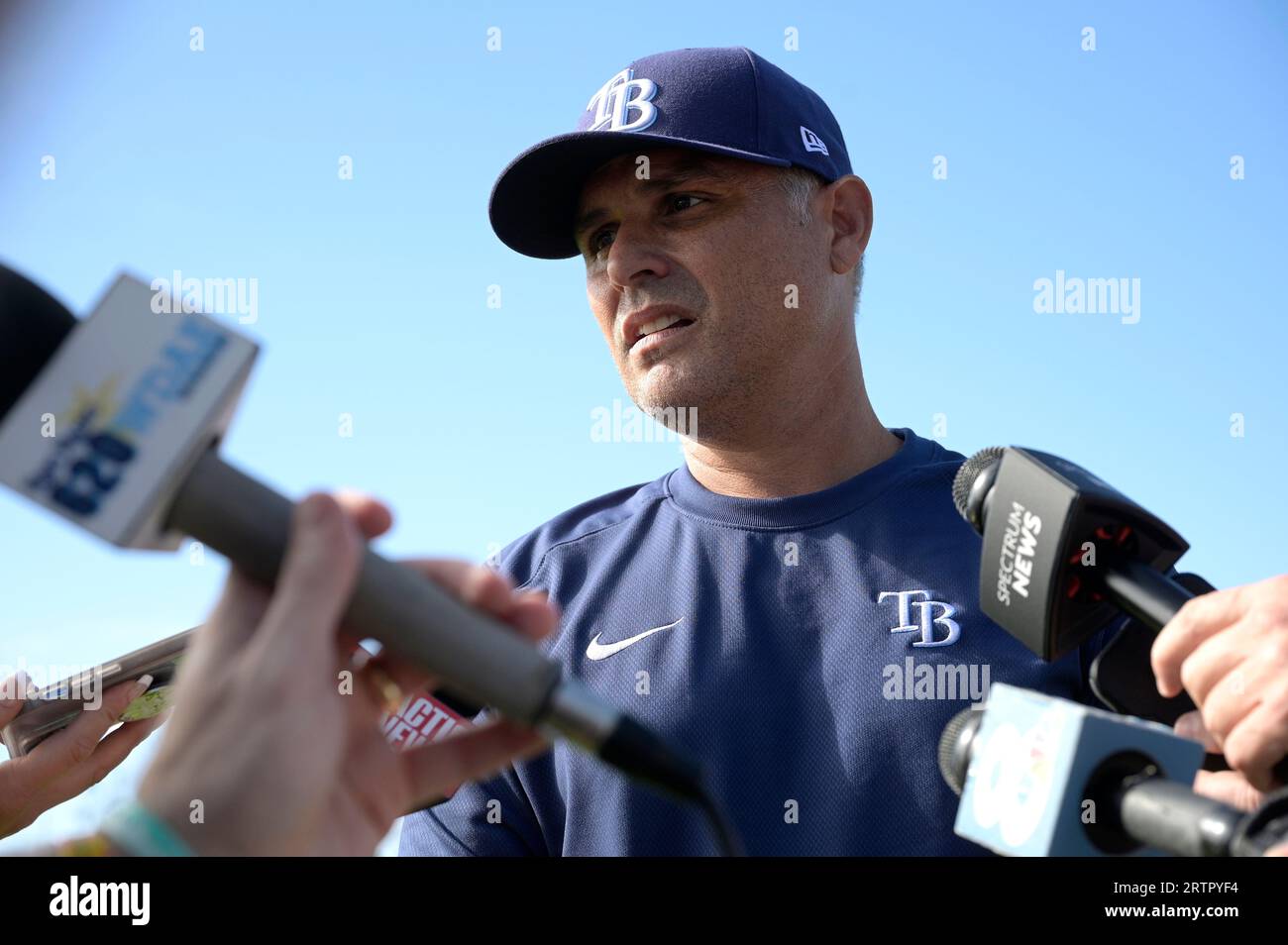 Tampa Bay Rays manager Kevin Cash talks with reporters during the first ...