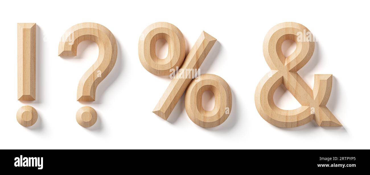 Letters and symbols made of wood. 3d illustration of wooden alphabet ...