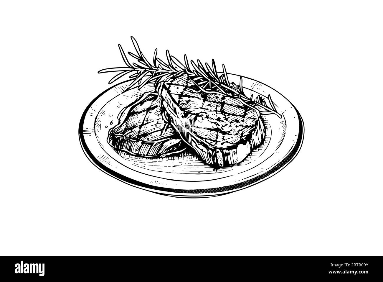 Meat steak on the plate. Hand drawing sketch engraving style vector ...