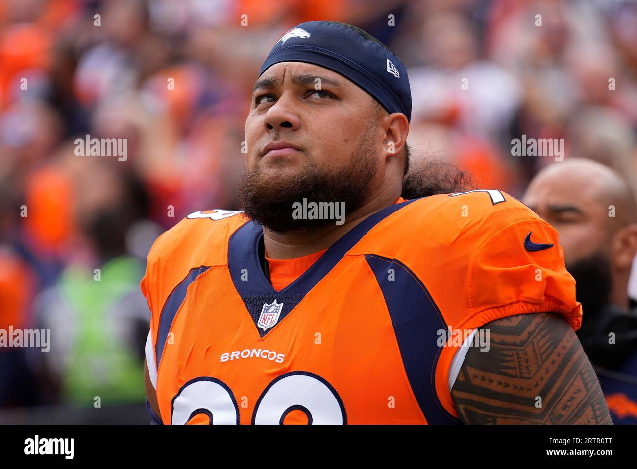 Denver Broncos defensive tackle Mike Purcell (98) looks on against the ...