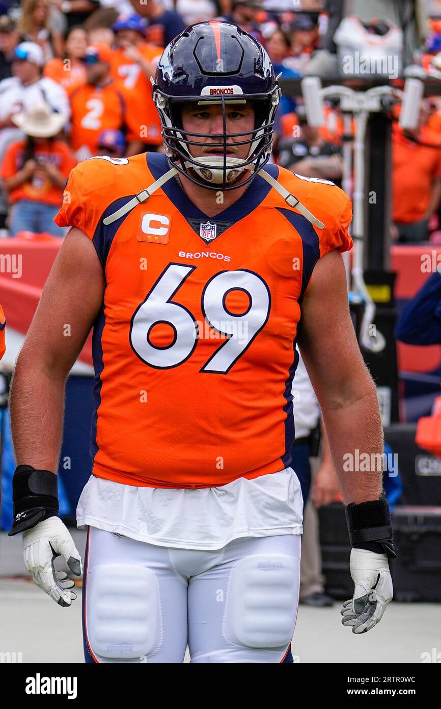 Denver Broncos offensive tackle Mike McGlinchey looks on against the ...