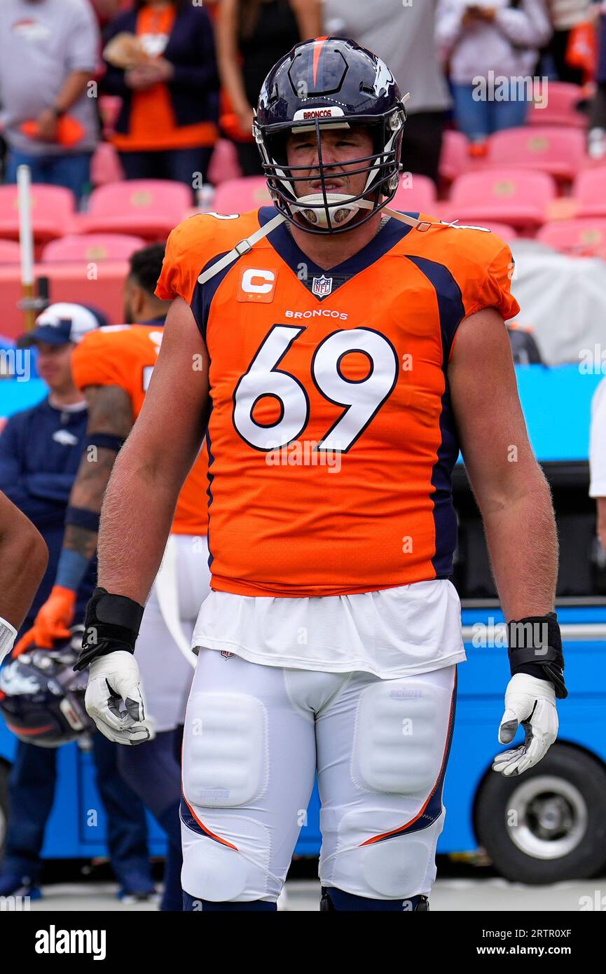 Denver Broncos offensive tackle Mike McGlinchey looks on against the ...