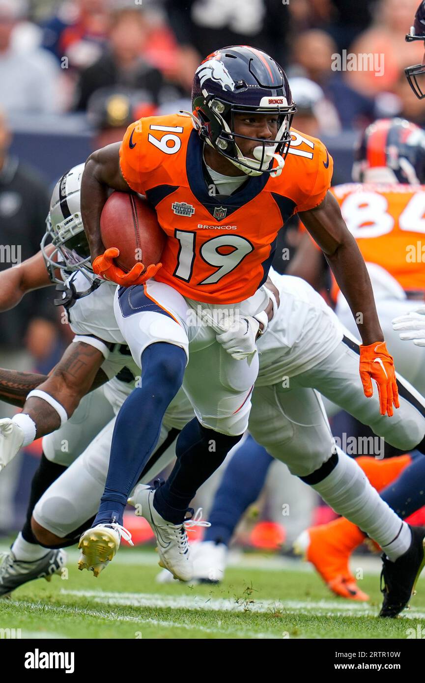 Denver Broncos receiver Marvin Mims Jr. (19) returns a punt against the Las Vegas Raiders during ...