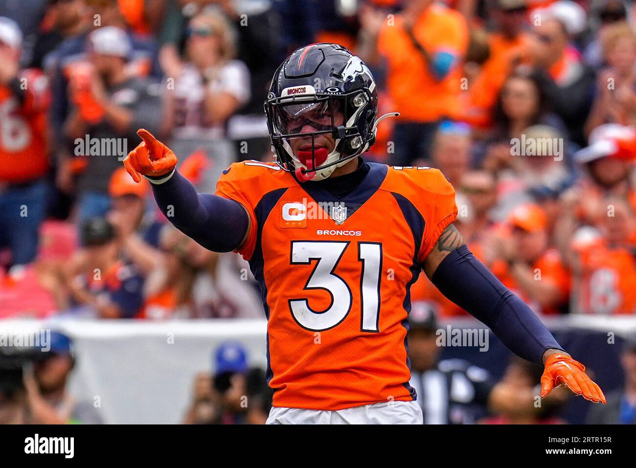 Denver Broncos safety Justin Simmons (31) reacts against the Las Vegas ...