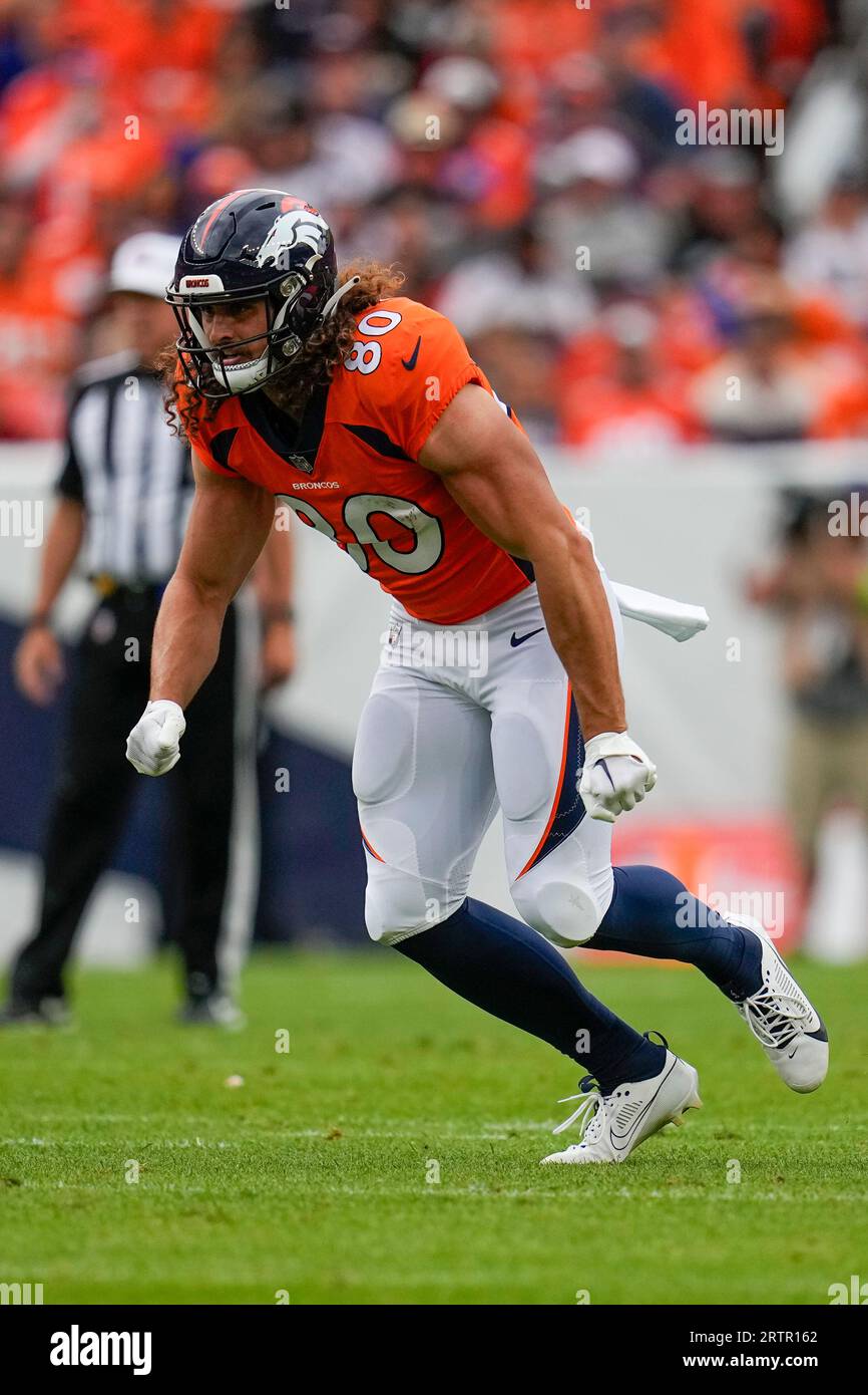 Denver Broncos tight end Greg Dulcich (80) runs against the Las Vegas ...