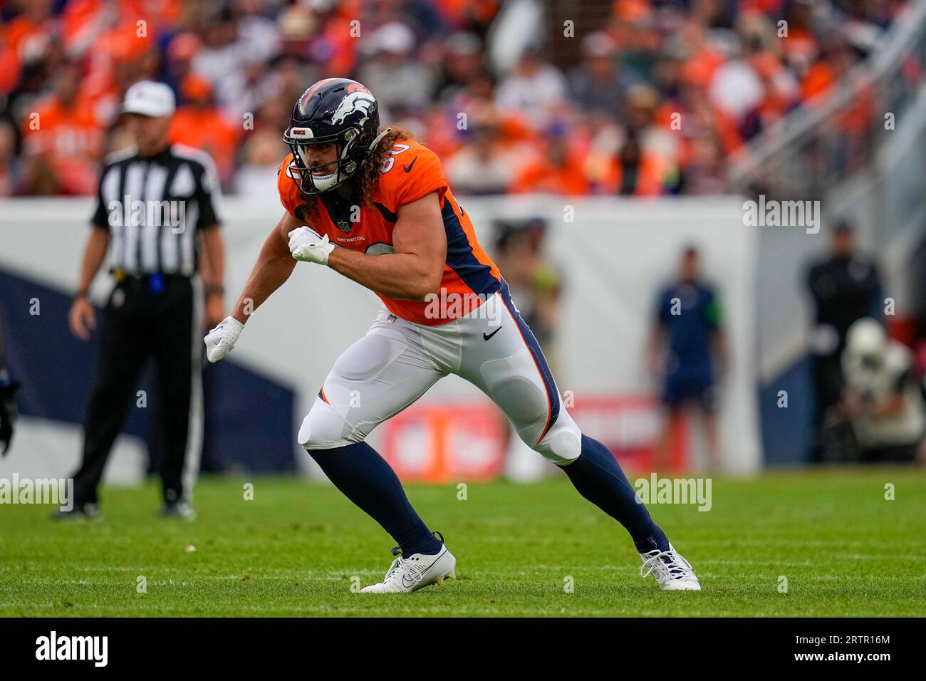 Denver Broncos tight end Greg Dulcich (80) runs against the Las Vegas ...