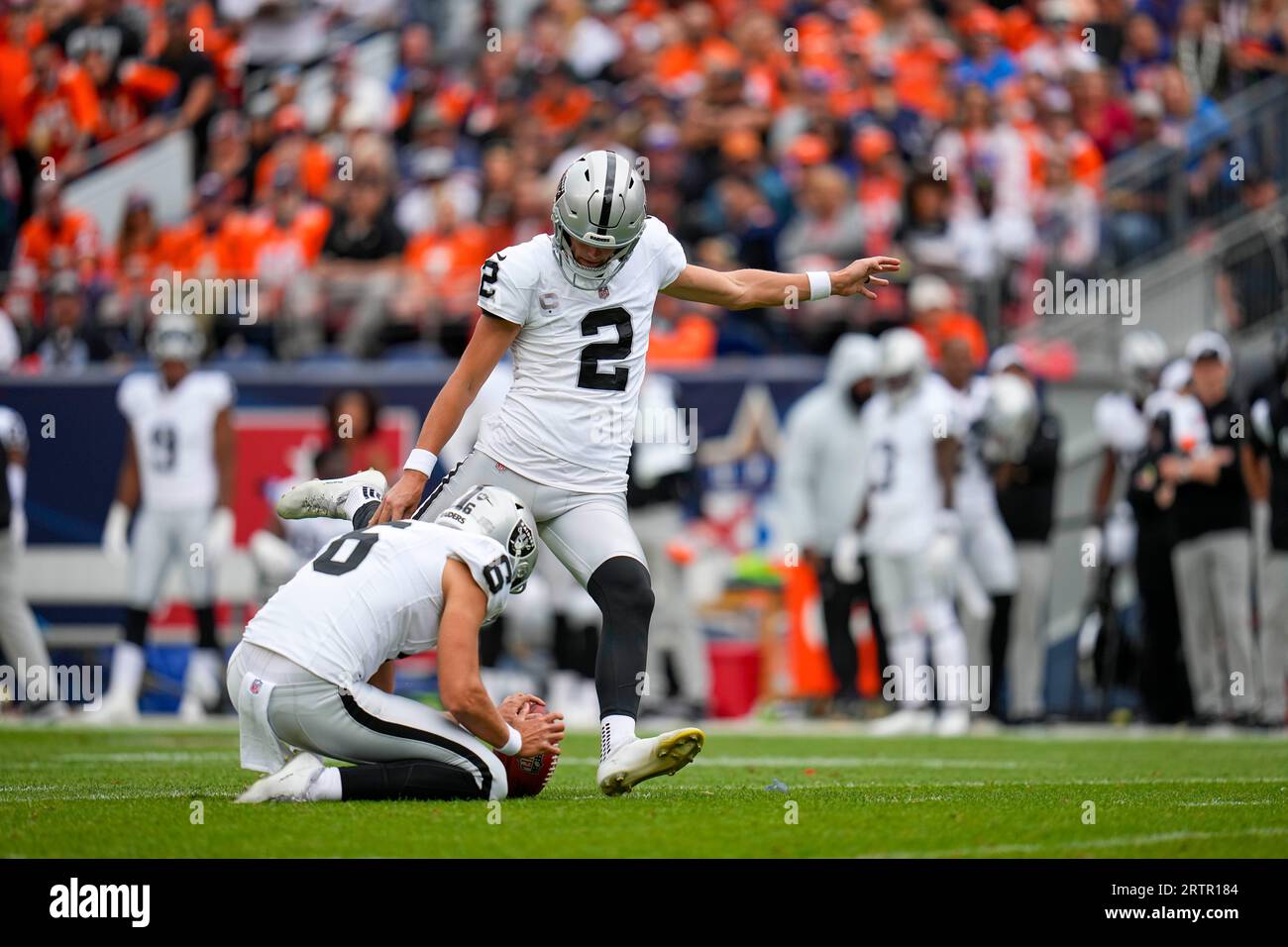Las Vegas Raiders place kicker Daniel Carlson (2) kicks a field goal ...