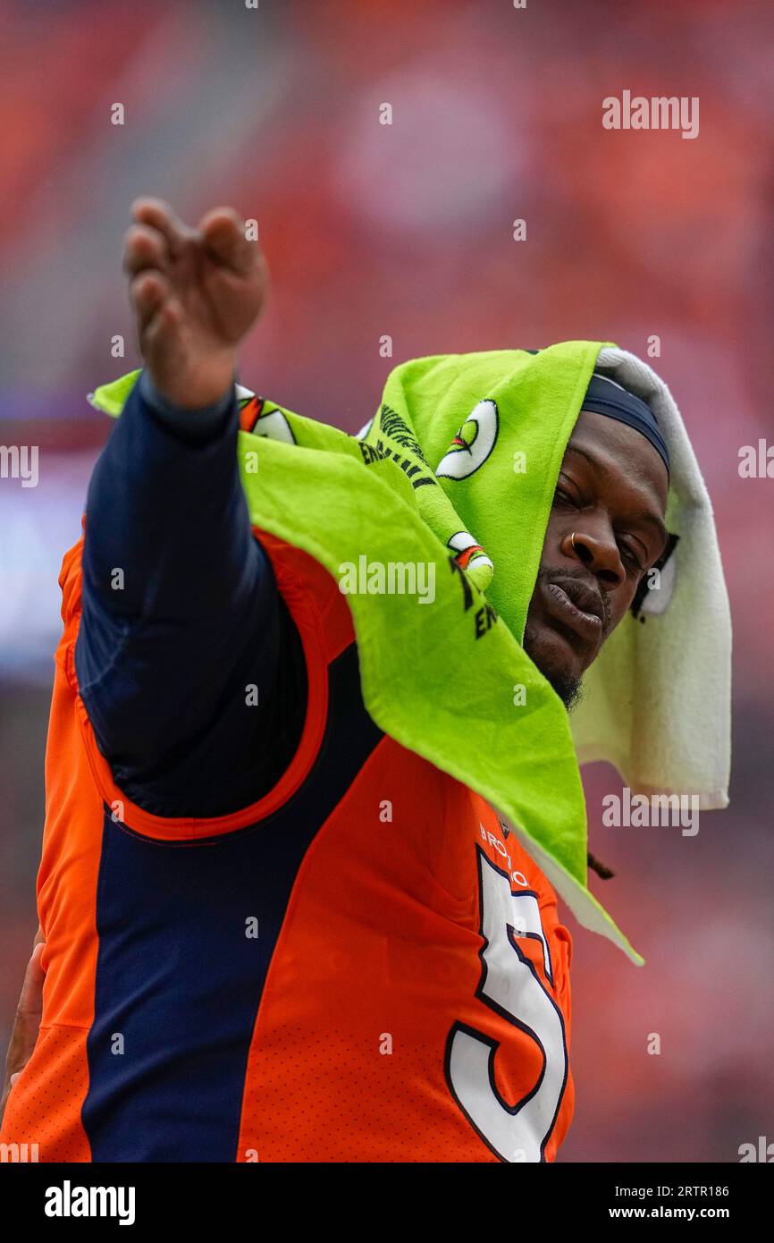 Denver Broncos linebacker Randy Gregory (5) reacts to a first down ...