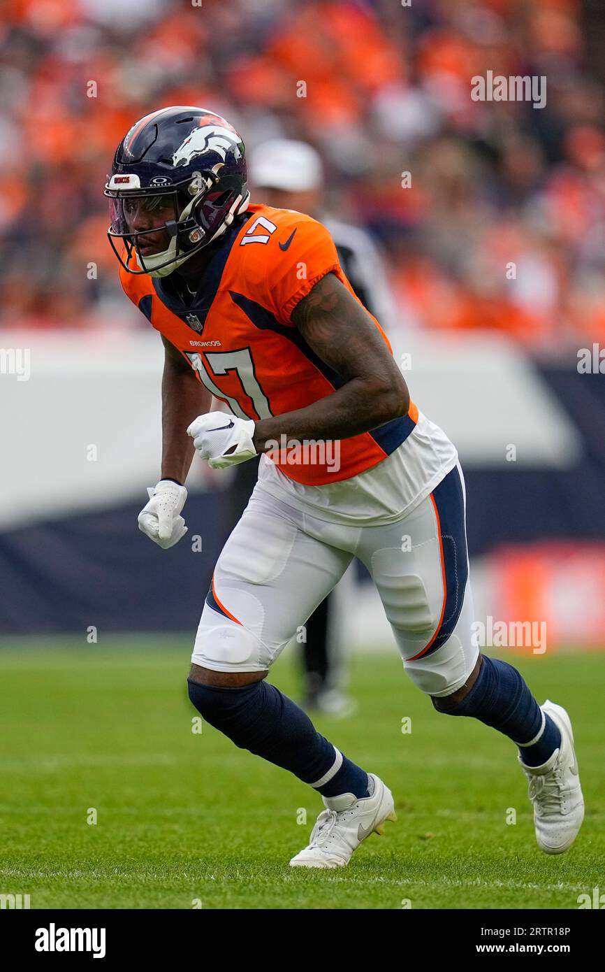 Denver Broncos wide receiver Lil'Jordan Humphrey (17) lines up against ...