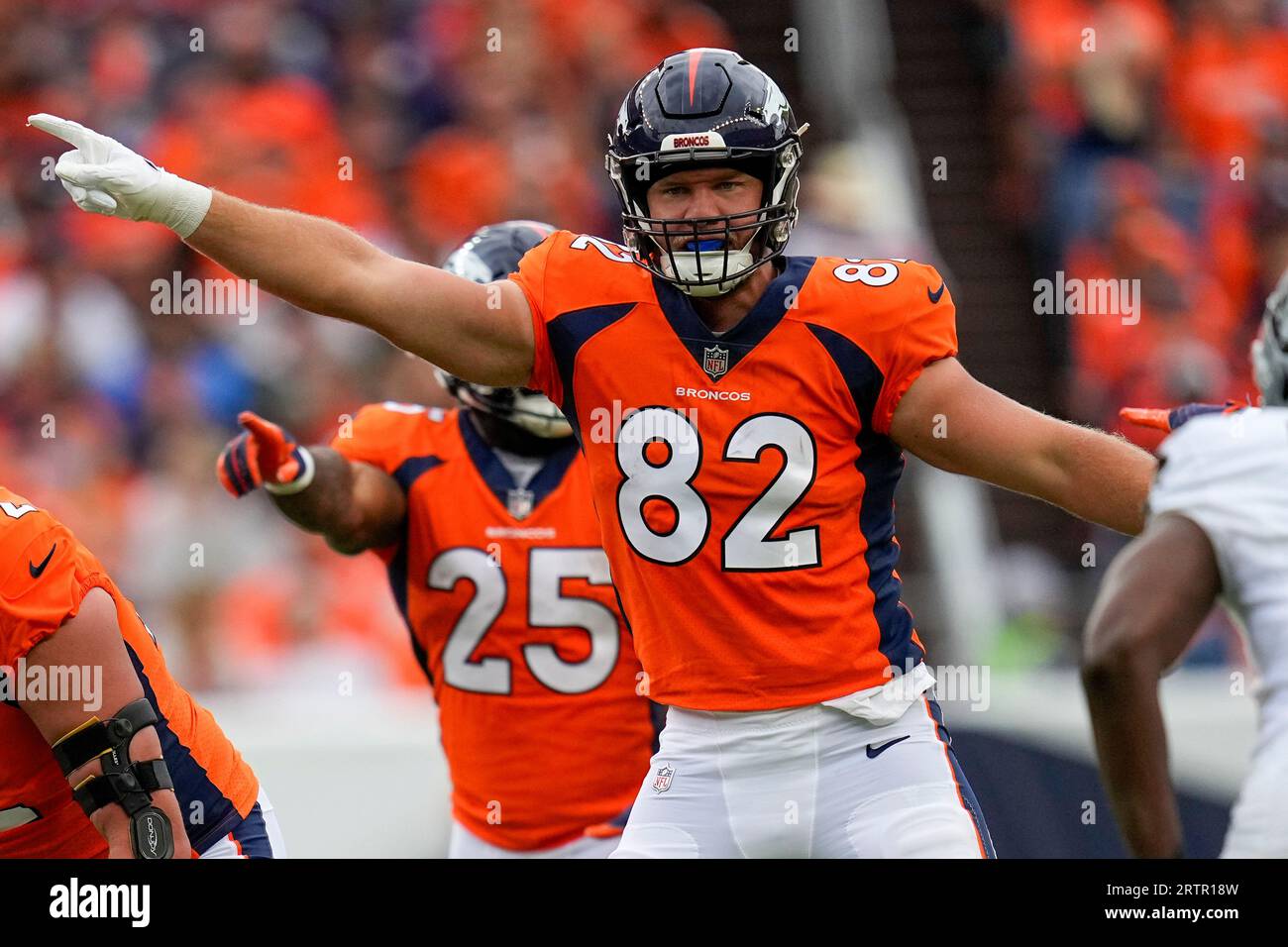 Denver Broncos tight end Adam Trautman (82) reacts against the Las ...