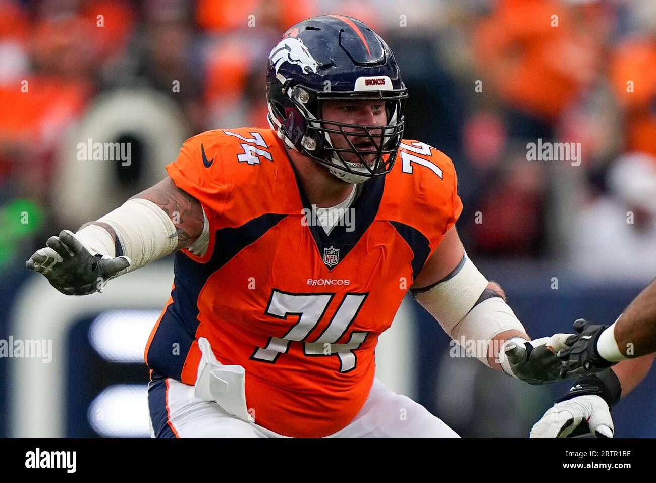 Denver Broncos guard Ben Powers lines up against the Las Vegas Raiders during an NFL football ...