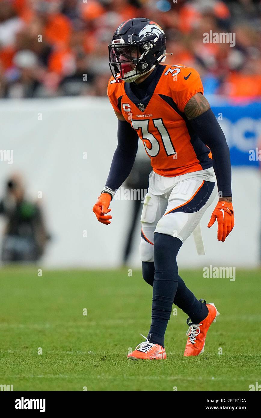 Denver Broncos safety Justin Simmons (31) lines up against the Las ...