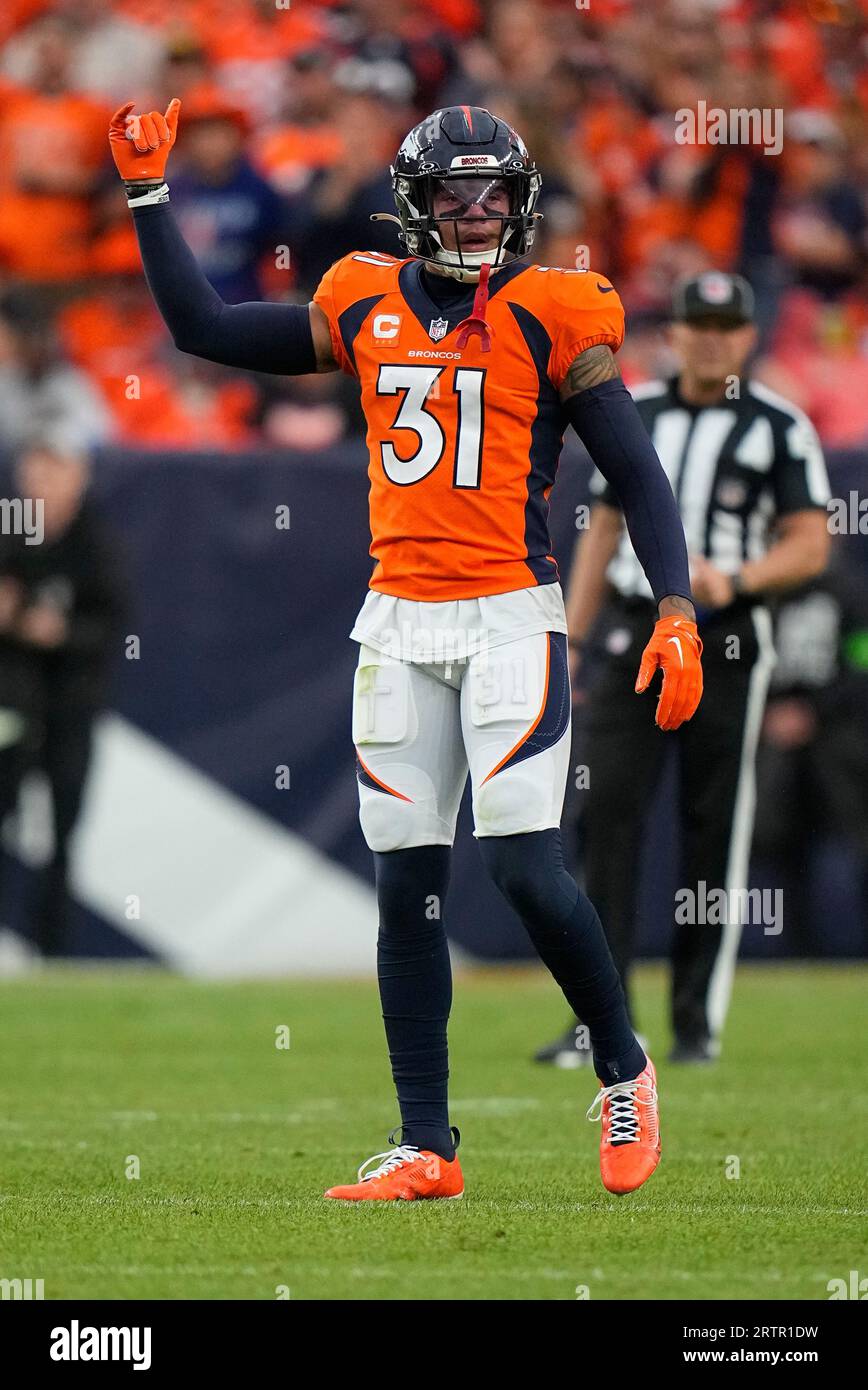 Denver Broncos safety Justin Simmons (31) lines up against the Las ...