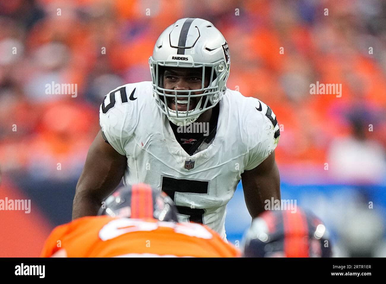 Las Vegas Raiders linebacker Divine Diablo (5) lines up against the ...