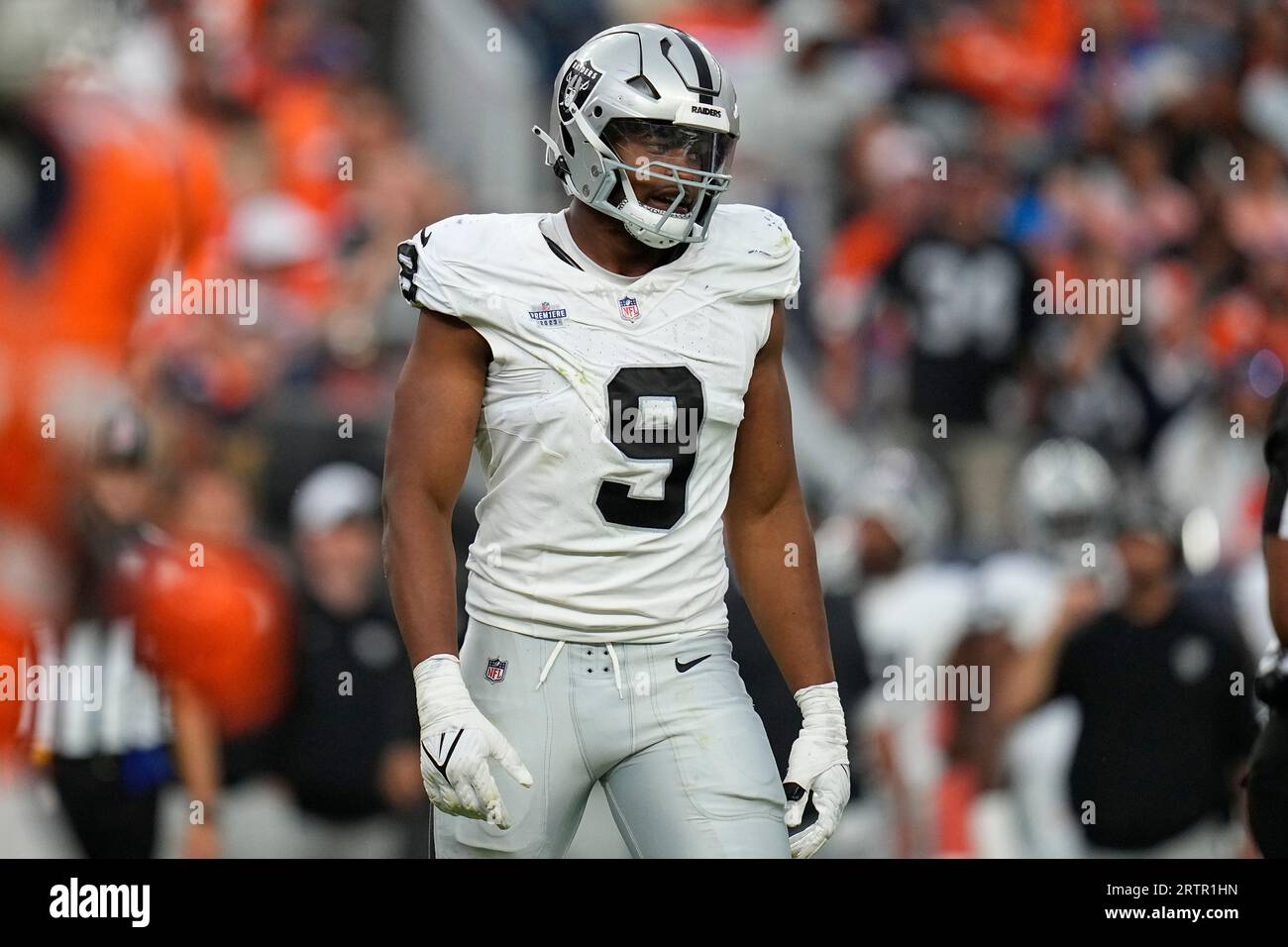 Las Vegas Raiders defensive end Tyree Wilson (9) looks on against the ...