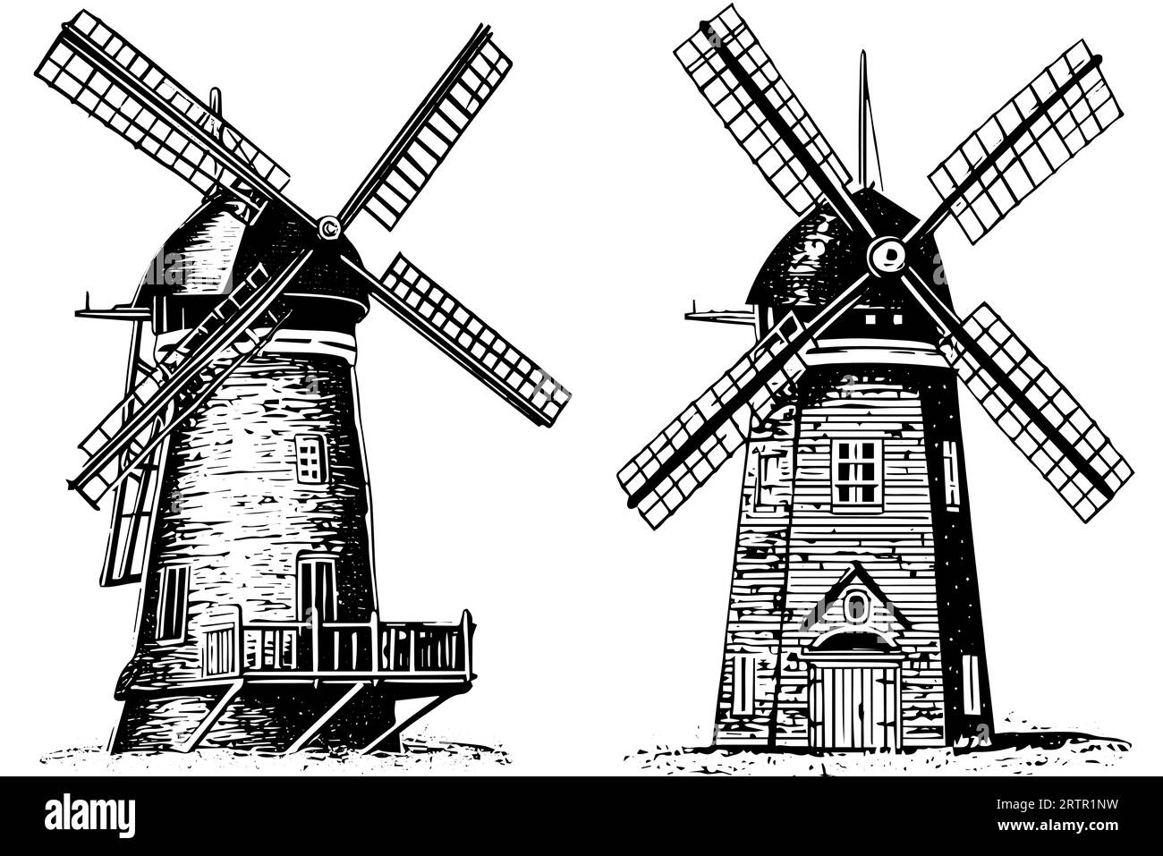 Windmil in the field hand drawn vintage sketch. Engraving style vector ...