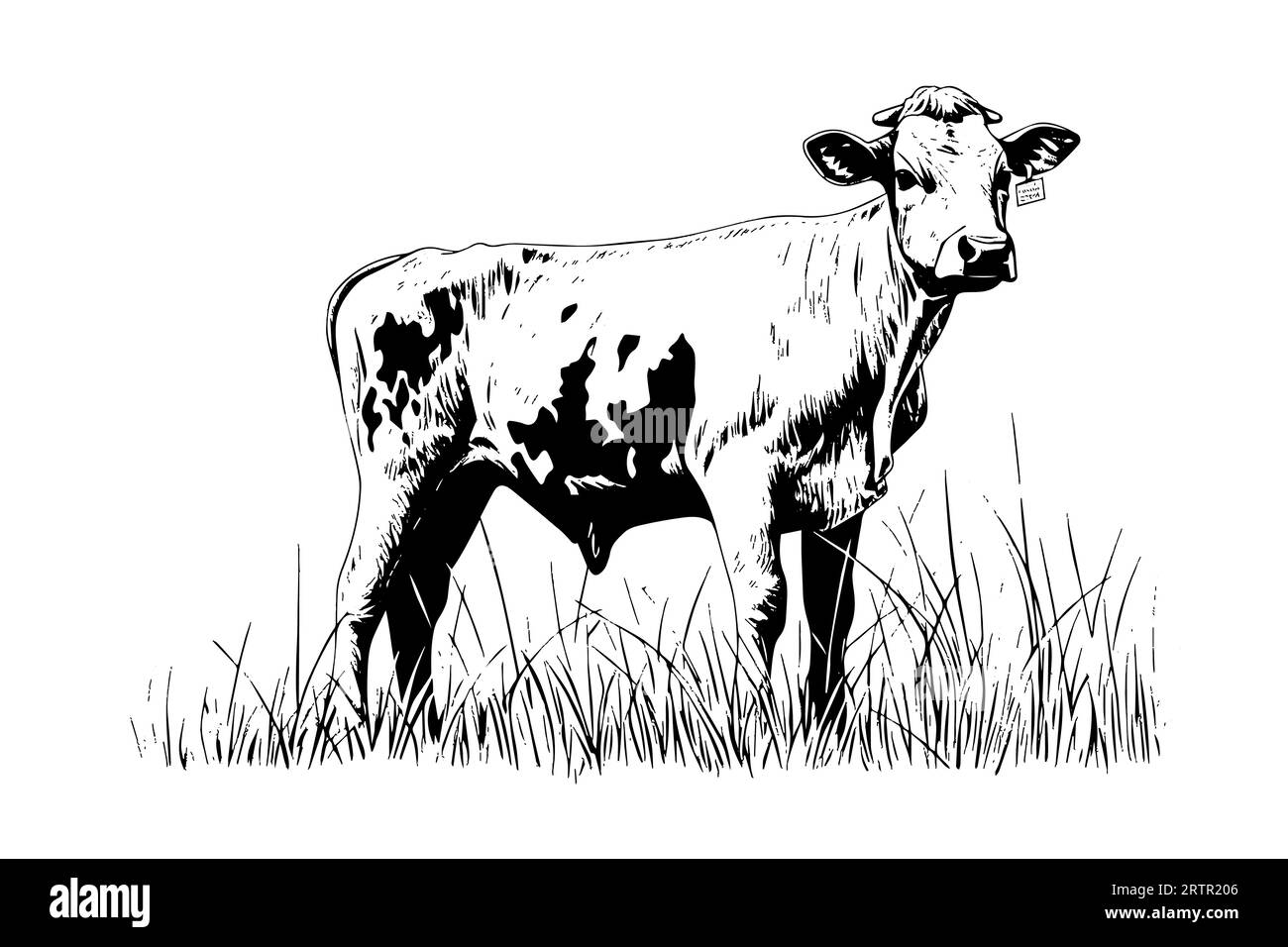 Cow grazes in the field. Vector hand drawn engraving style illustration ...