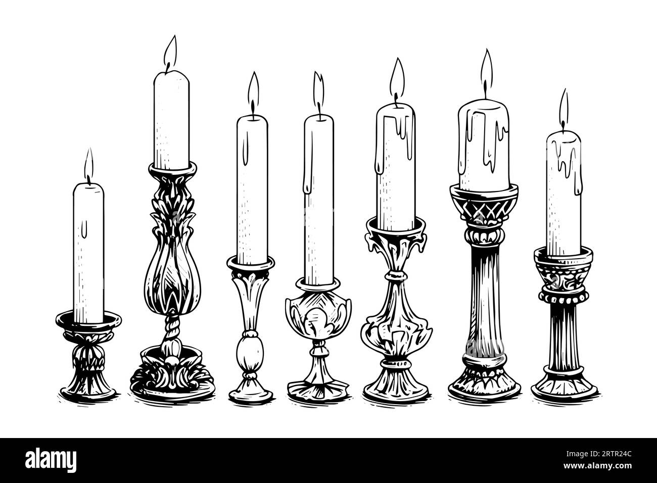 Thick christmas candles burning. Hand drawn sketch engraving style ...