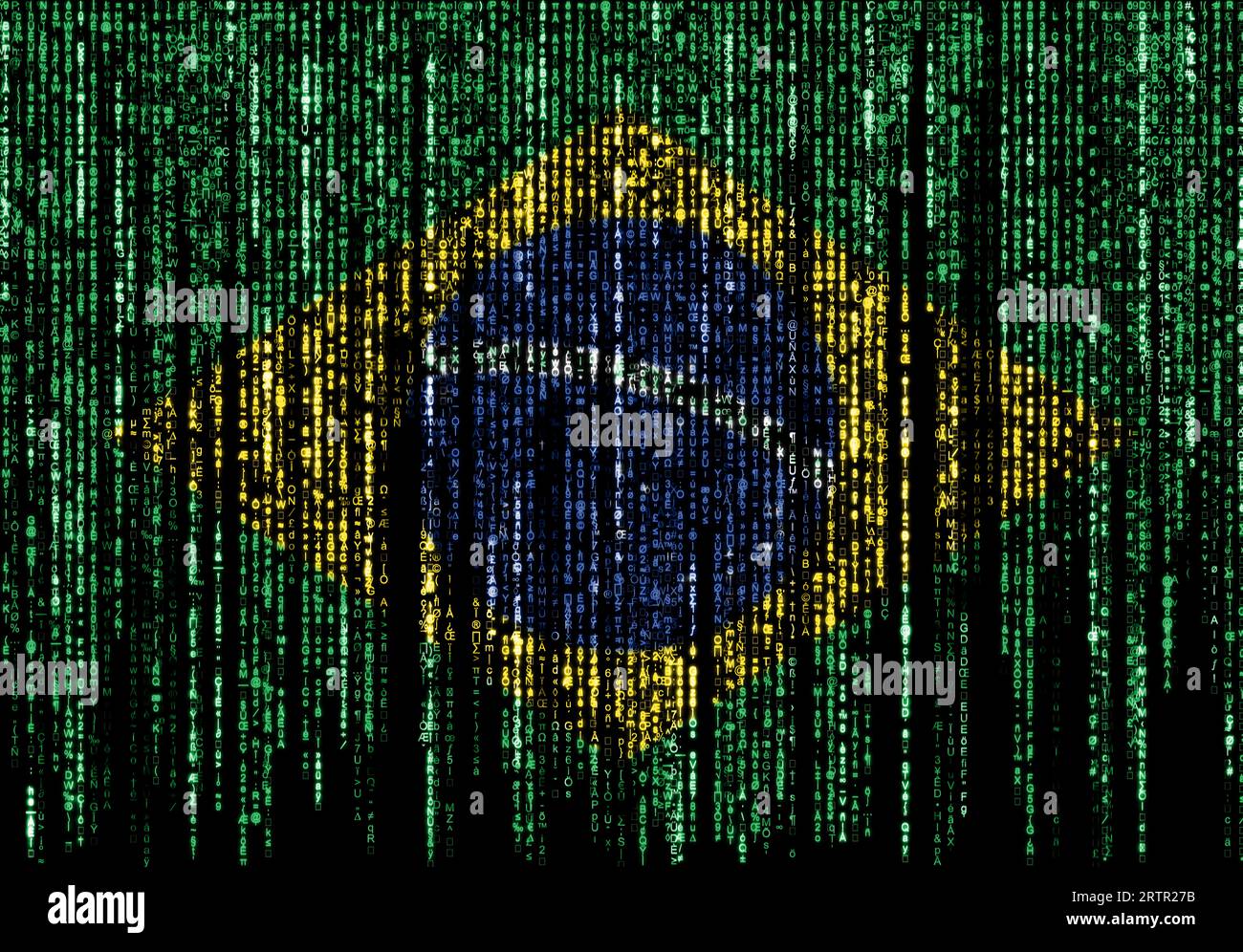 Flag of Brazil on a computer binary codes falling from the top and ...